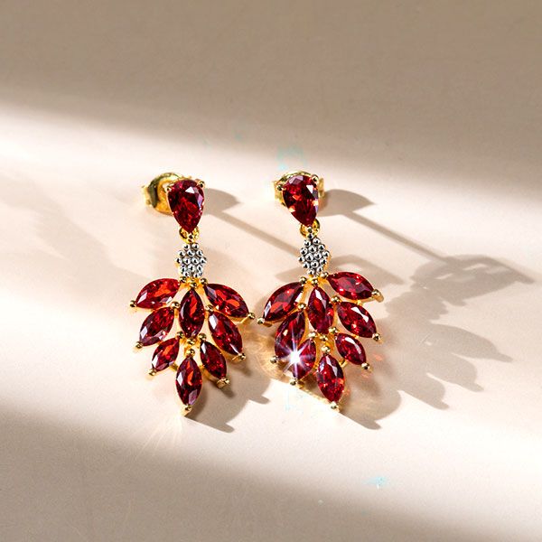 Flower Fire Design Two Tone Garnet Drop Designer Earrings